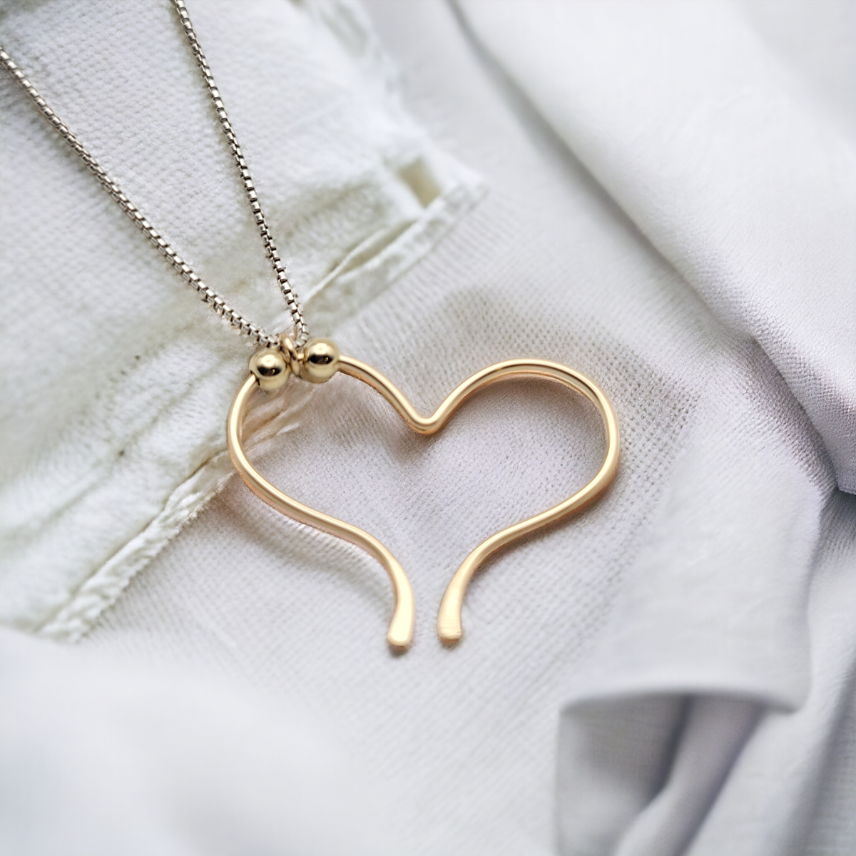 Silver Chain Necklace with Handmade Gold Open Heart Charm – Bijou by SAM