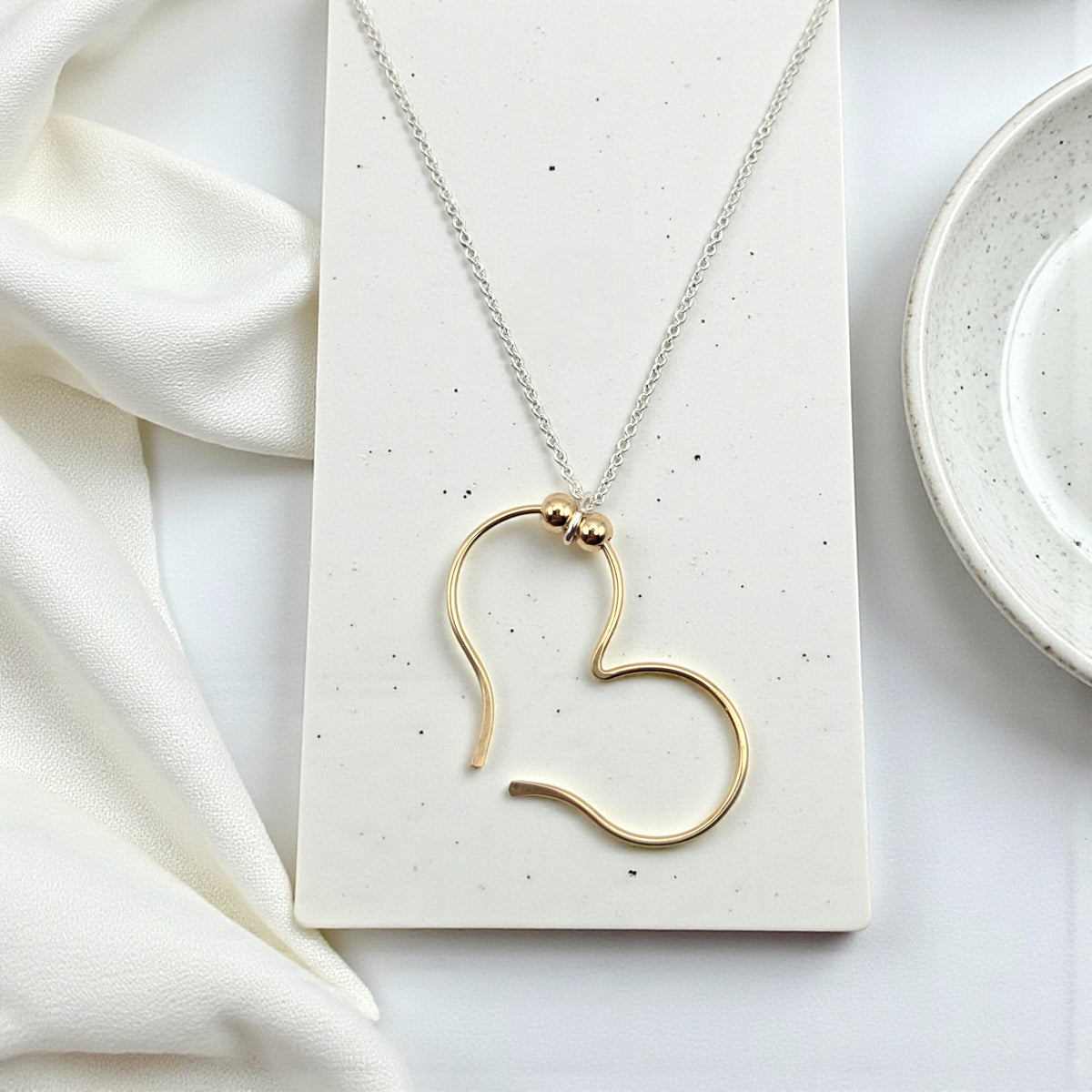 Silver Chain Necklace with Handmade Gold Open Heart Charm – Bijou by SAM